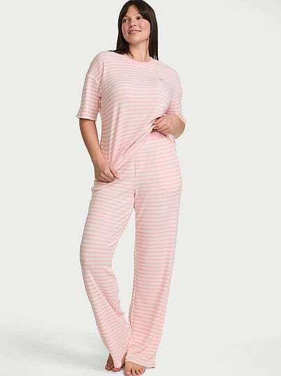 Victoria's Secret Waffle Knit Tee & Pant Pajama Set - Print