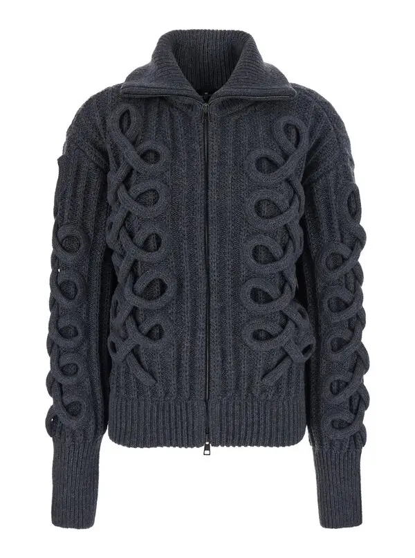 Etro Grey High-neck Cardigan With Chunky Embroidery On The Front And Ribbed Knit In Wool For - Multicolor
