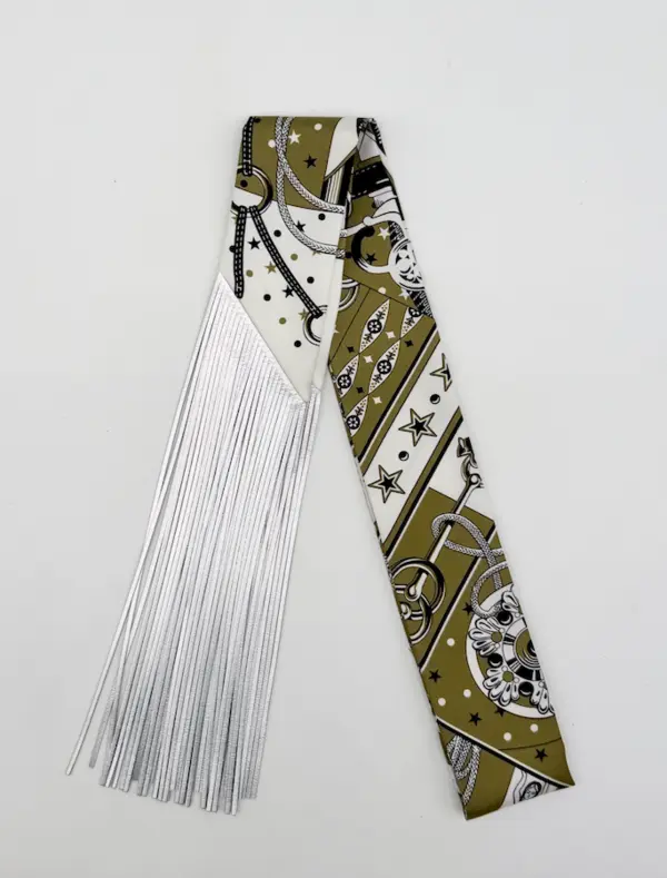 Hermès Bandana Leather Fringes Twilly Kaki / Blanc / Noir - Multicolour