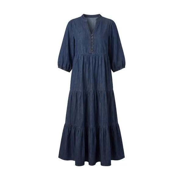 Adrift Clothing Sienna Chambray Billow Dress In Dark Wash - Blue