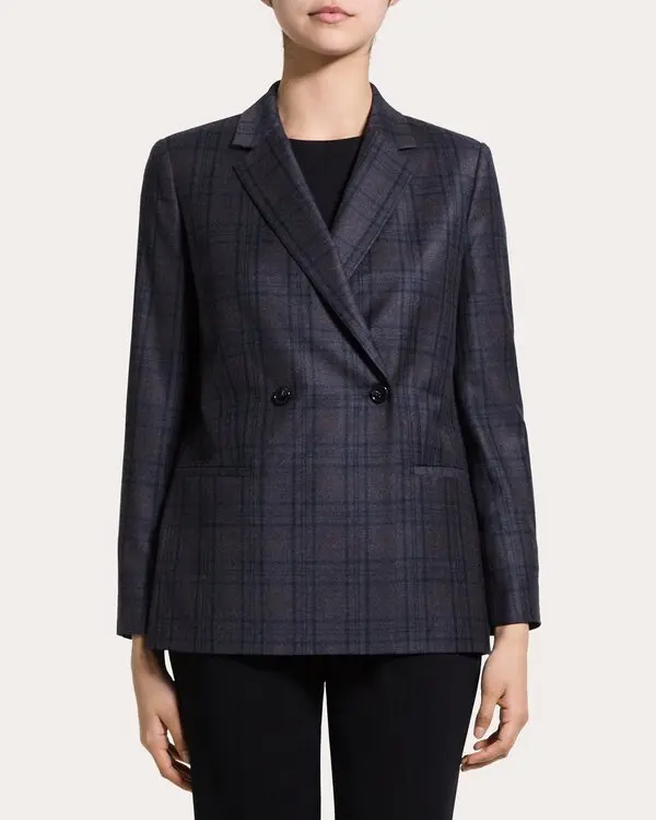 Theory Plaid Sleek Flannel Double-breasted Blazer