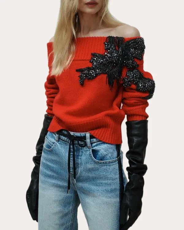 Hellessy Nolt Beaded Wool Cashmere Off-shoulder Sweater