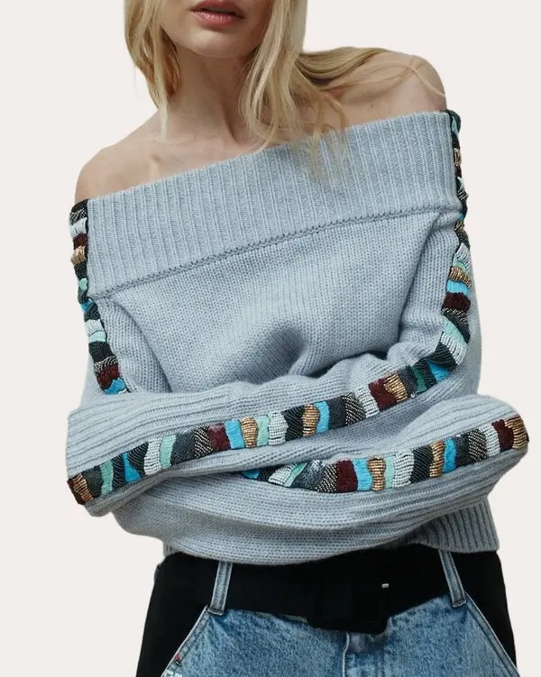 Hellessy Trevor Beaded Wool Cashmere Off-shoulder Sweater