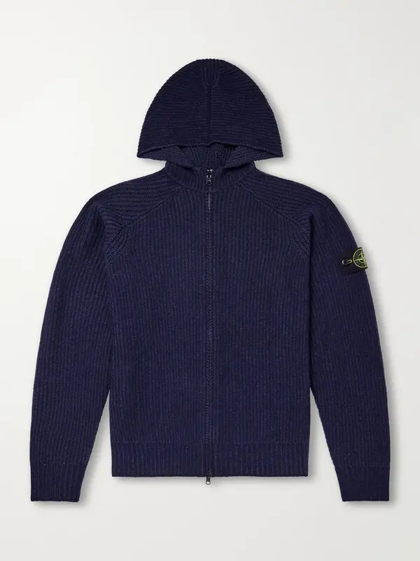 Stone Island Ribbed Cashmere And Wool-blend Zip-up Hoodie