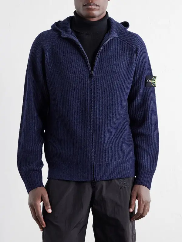 Stone Island Ribbed Cashmere And Wool-blend Zip-up Hoodie