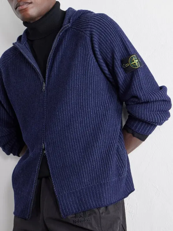 Stone Island Ribbed Cashmere And Wool-blend Zip-up Hoodie