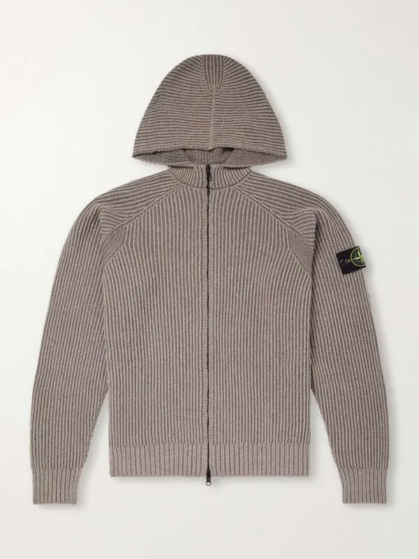 Stone Island Ribbed Cashmere And Wool-blend Zip-up Hoodie - Tan