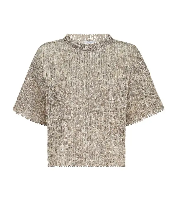 Brunello Cucinelli Embroidered Short-sleeve Sweater