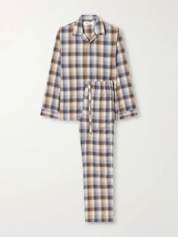 TEKLA Auralee Drawstring Checked Organic Cotton-twill Flannel Pajama Set - Brown
