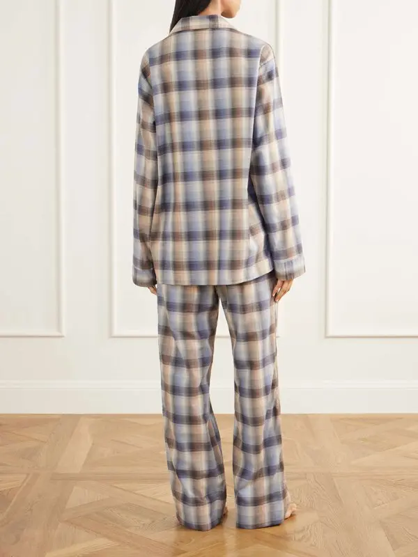 TEKLA Auralee Drawstring Checked Organic Cotton-twill Flannel Pajama Set - Brown