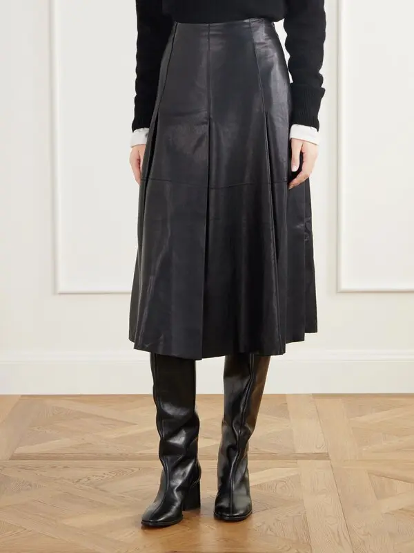 JOSEPH Riya Paneled Pleated Leather Midi Skirt