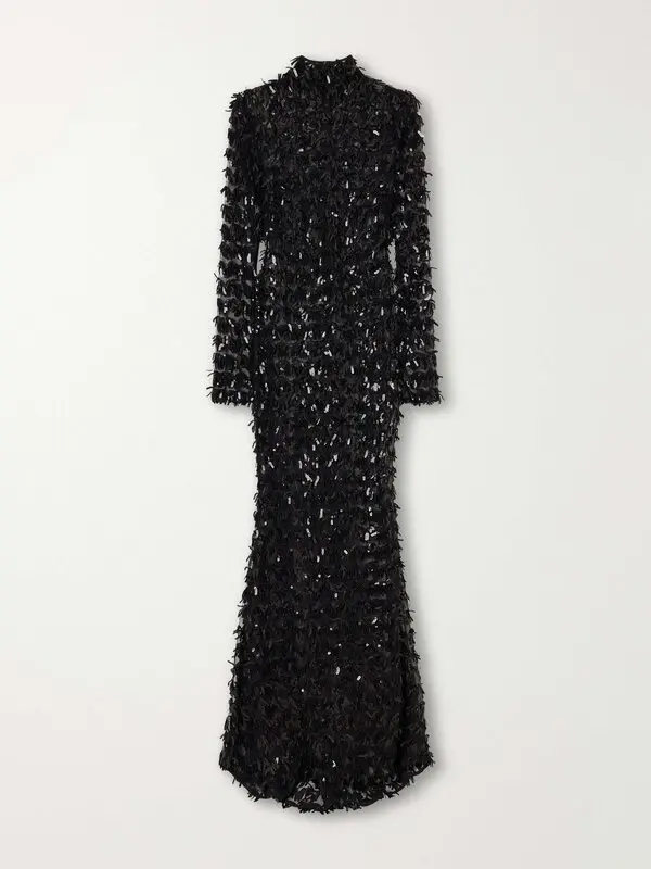 TALLER MARMO Dragon Lady Fringed Sequined Tulle Turtleneck Gown