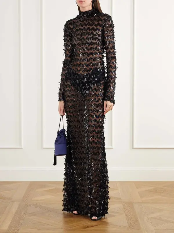 TALLER MARMO Dragon Lady Fringed Sequined Tulle Turtleneck Gown