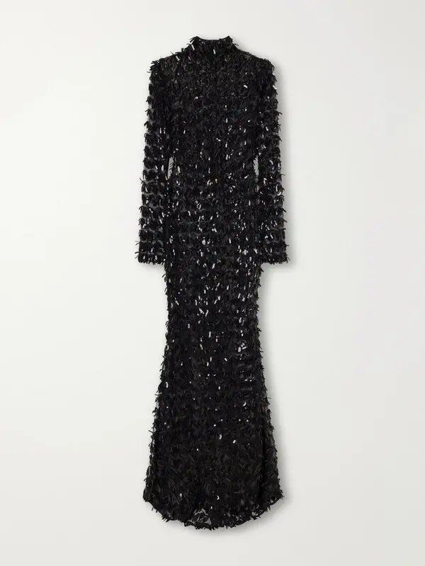 TALLER MARMO Dragon Lady Fringed Sequined Tulle Turtleneck Gown - Black