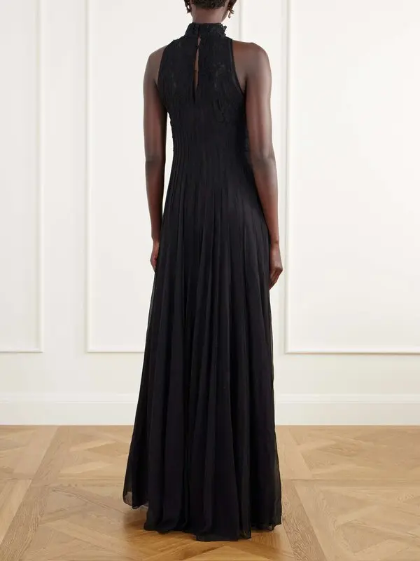 Costarellos Virana Pleated Lace-trimmed Silk-blend Georgette Gown