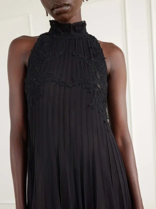 Costarellos Virana Pleated Lace-trimmed Silk-blend Georgette Gown