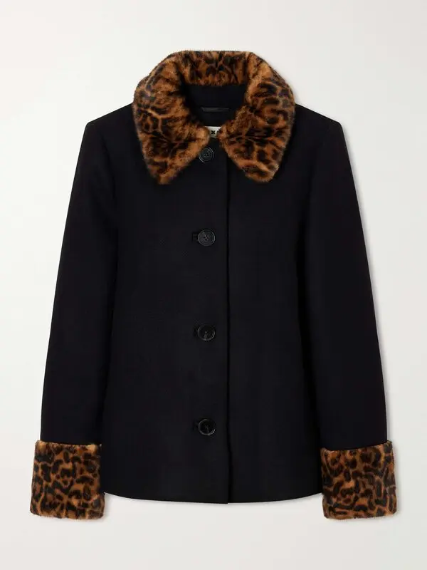 Rixo Aldith Leopard Plush-trimmed Melton Wool-blend Jacket - Black
