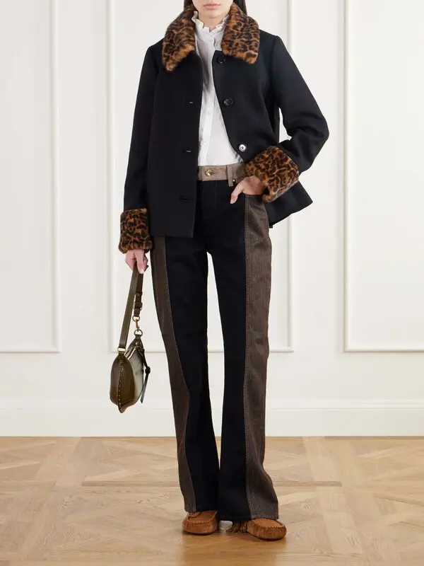 Rixo Aldith Leopard Plush-trimmed Melton Wool-blend Jacket