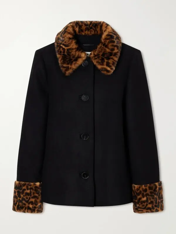 Rixo Aldith Leopard Plush-trimmed Melton Wool-blend Jacket - Black