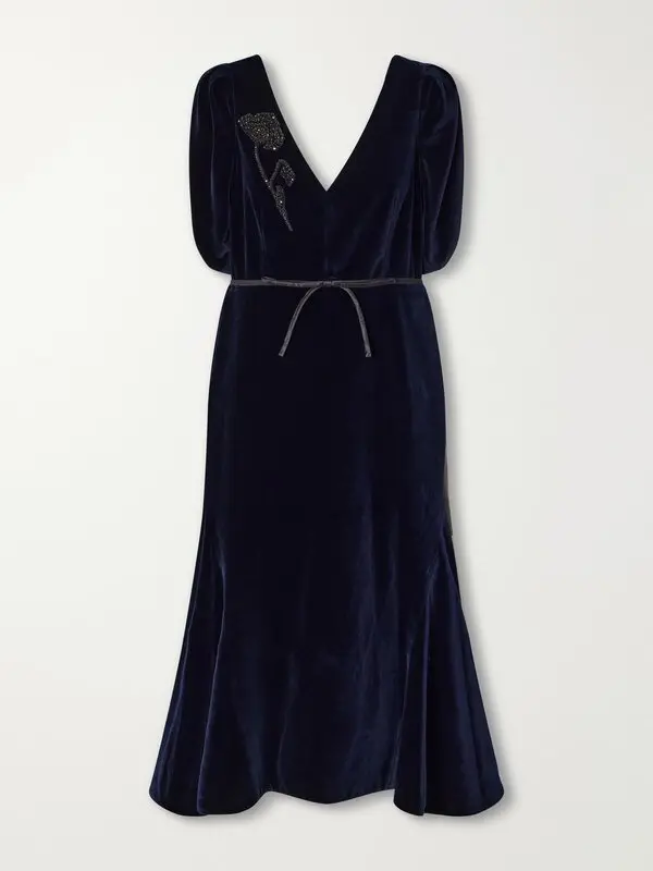 Erdem Bead-embellished Satin-trimmed Cotton-velvet Midi Dress - Blue