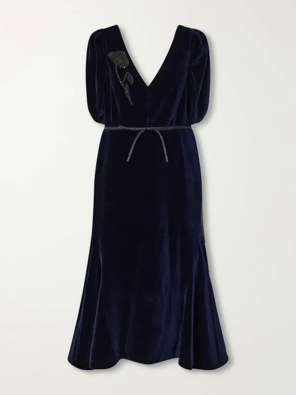 Erdem Bead-embellished Satin-trimmed Cotton-velvet Midi Dress - Navy