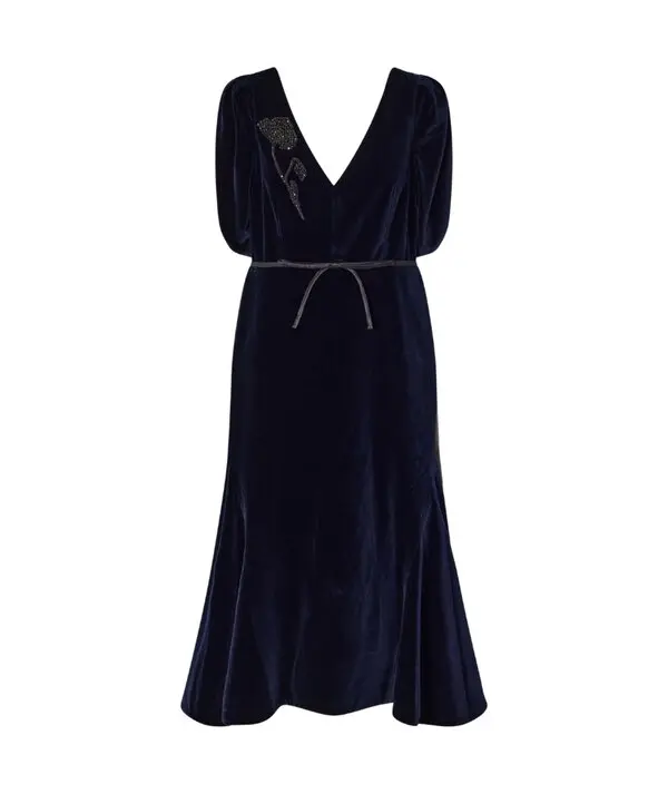 Erdem Bead-embellished Satin-trimmed Cotton-velvet Midi Dress - Navy