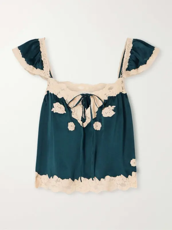 DÔEN Rosalee Lace-trim Silk Satin Top - Emerald