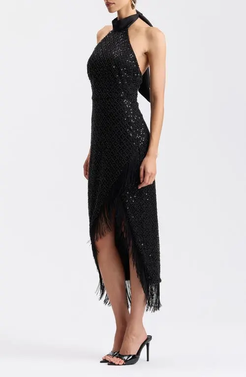 Avec Les Filles Fringe Asymmetric Halter Midi Dress