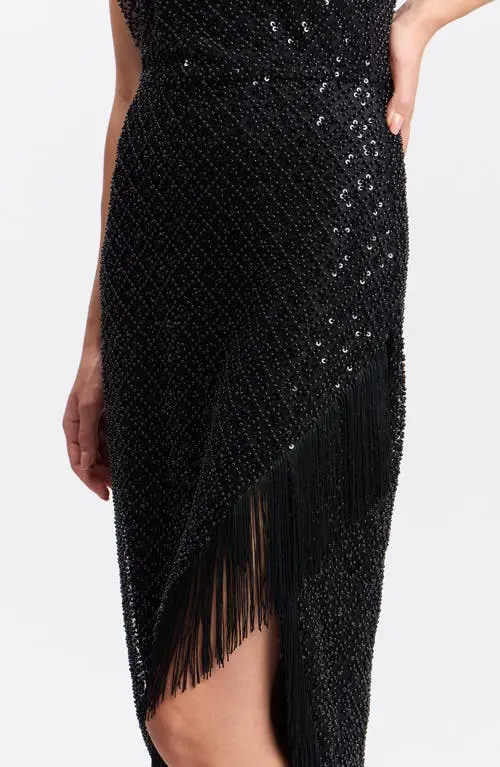 Avec Les Filles Fringe Asymmetric Halter Midi Dress