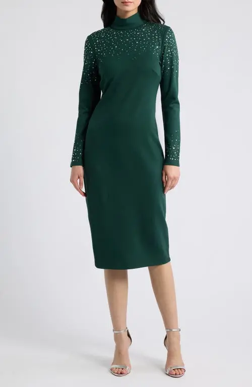 Anne Klein Rhinestone Embellished Mock Neck Sheath Dress - Pine Forest