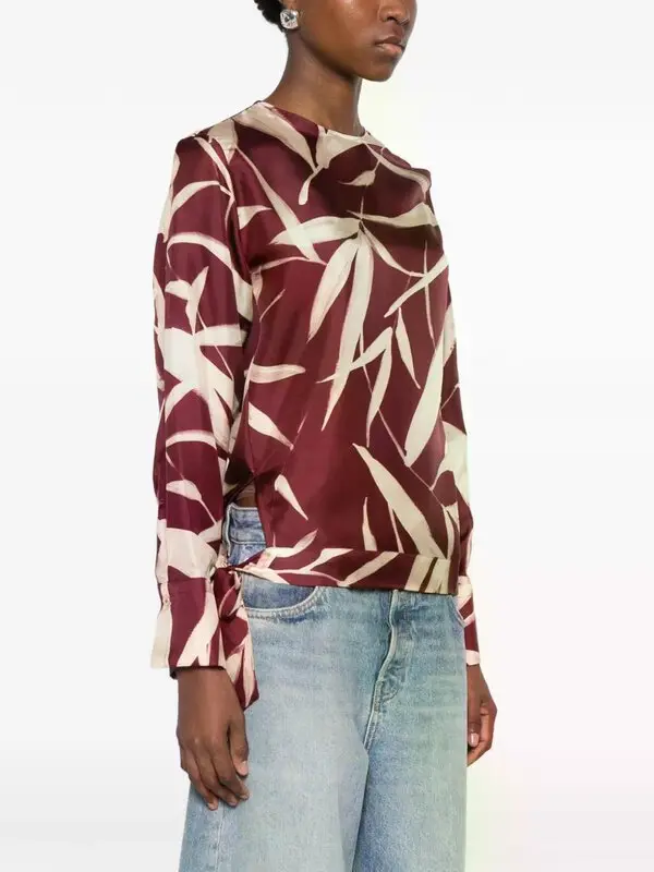 CALIBAN Leaf-print Side-tie Blouse