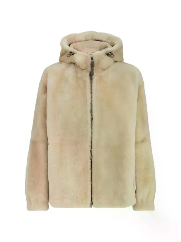 Brunello Cucinelli Shearling Hooded Outerwear Jacket With Shiny Zipper Pull