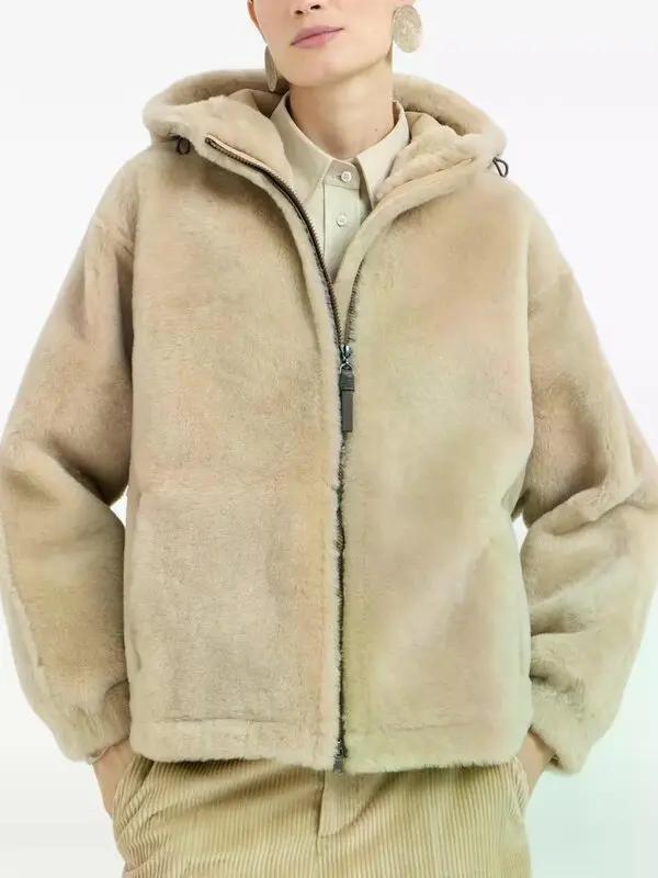 Brunello Cucinelli Shearling Hooded Outerwear Jacket With Shiny Zipper Pull