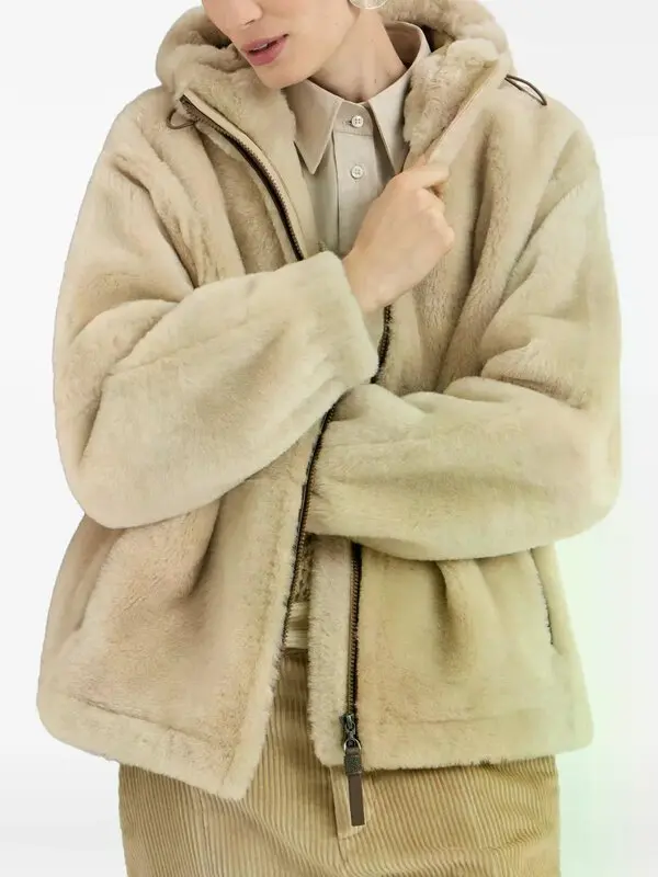 Brunello Cucinelli Shearling Hooded Outerwear Jacket With Shiny Zipper Pull