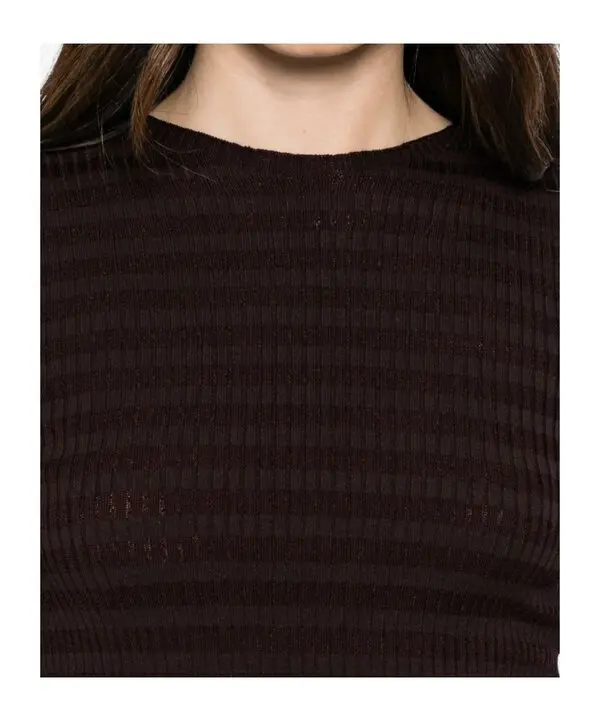 TWINSET Striped Ribbed Knit Top - Deep Brown