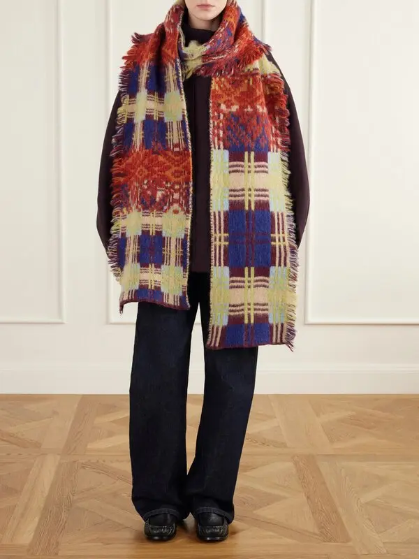 Dries Van Noten Fringe-trimmed Checked Brushed Wool-blend Scarf