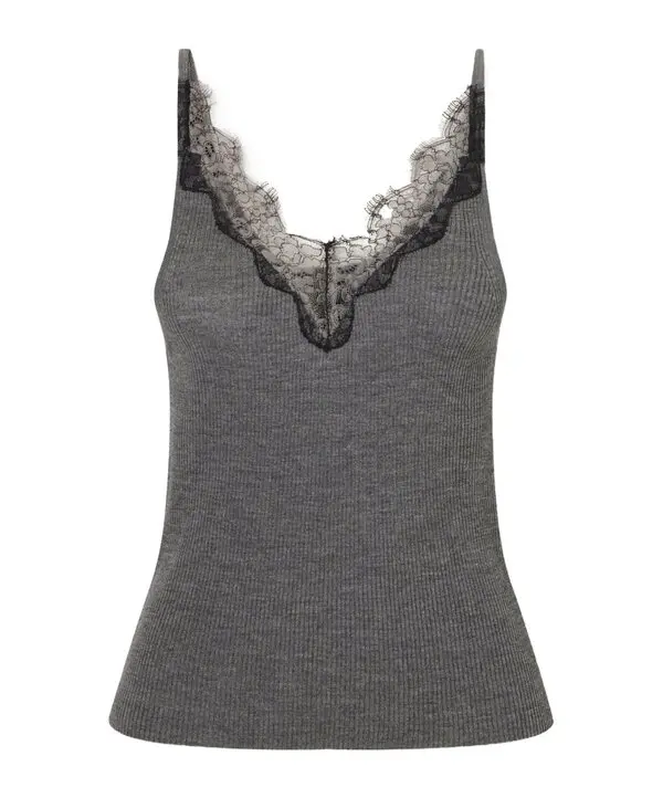 NILI LOTAN Lace-trimmed Ribbed Silk-jersey Tank - Gray