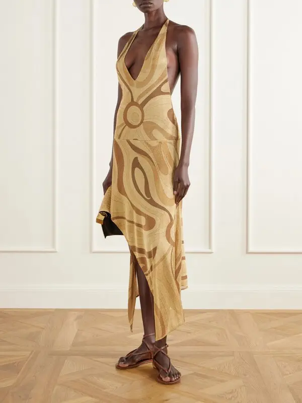Emilio Pucci Asymmetric Printed Mesh Halterneck Midi Dress