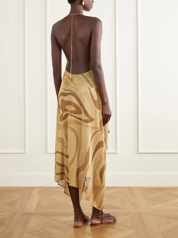 Emilio Pucci Asymmetric Printed Mesh Halterneck Midi Dress