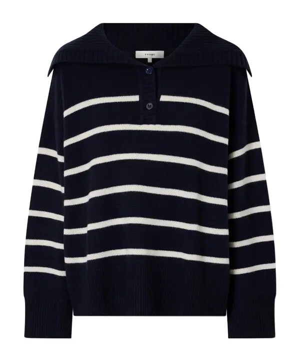 FRAME Striped Cashmere Polo Shirt - Black