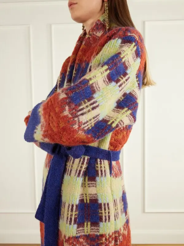 Dries Van Noten Belted Checked Jacquard-knit Wool-blend Cardigan