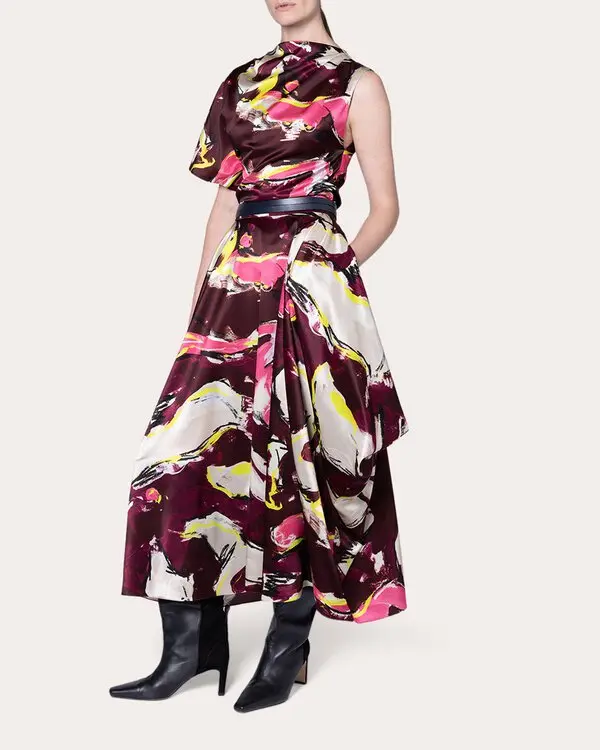 ROKSANDA Amari Brushstroke Satin Draped Midi Skirt