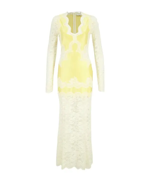 Rabanne Long Sleeved Lace Jersey Maxi Dress - Yellow