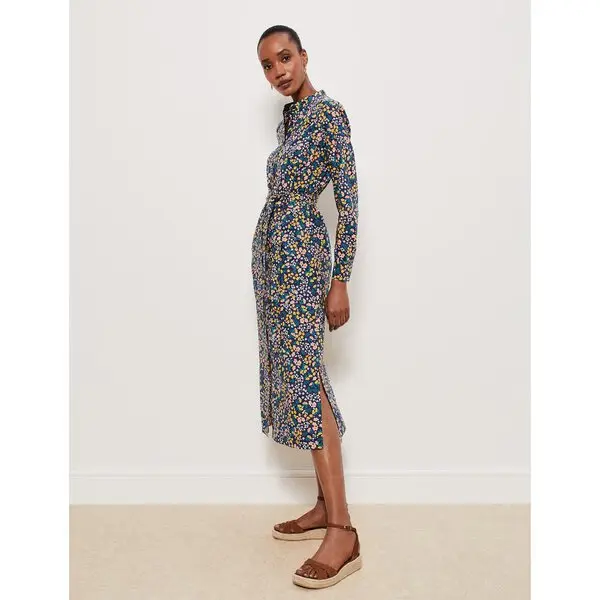 HOBBS LONDON Elmire Long Sleeve Tie Waist Shirt Dress - Navy Multi
