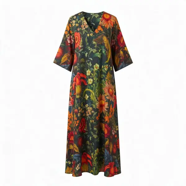 JANARA JONES Floral Garden Print V -neck Twill Satin Kaftan