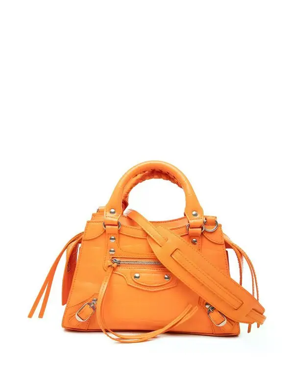 Balenciaga 2018-2026 Mini Croc Embossed Calfskin Motocross Neo Classic City Satchel - Orange