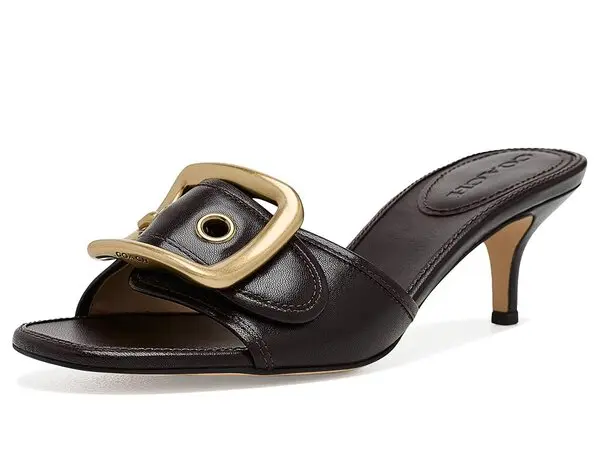 COACH Margot Leather Sandals With Oversized Buckle High Heels - Chocolate