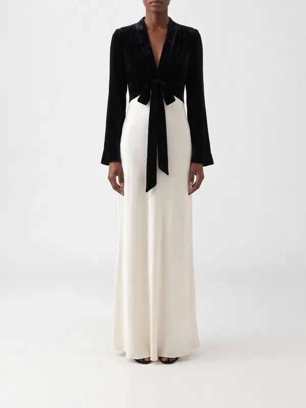 FORTE_FORTE Abstract Print V-neck Long Satin Evening Gown - Black