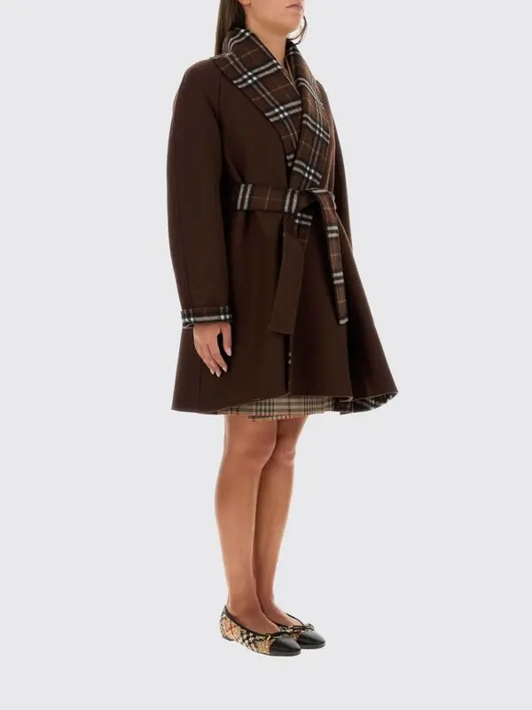 Burberry Check Wool Robe Coat With A Shawl Collar And Self-tie Belt - Brown