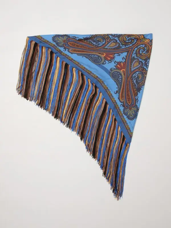 Etro Ethnic Print Silk Twill Triangular Scarf With Fringes - Blue